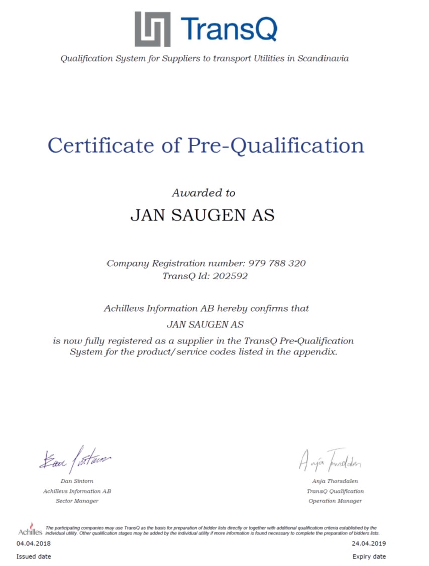 Vi har fått fornyet vårt TransQ sertifikat - Jan Saugen